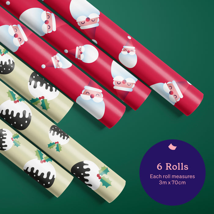 6 Rolls of Santa and Puddings Christmas Wrapping Paper (Each Roll 3M x